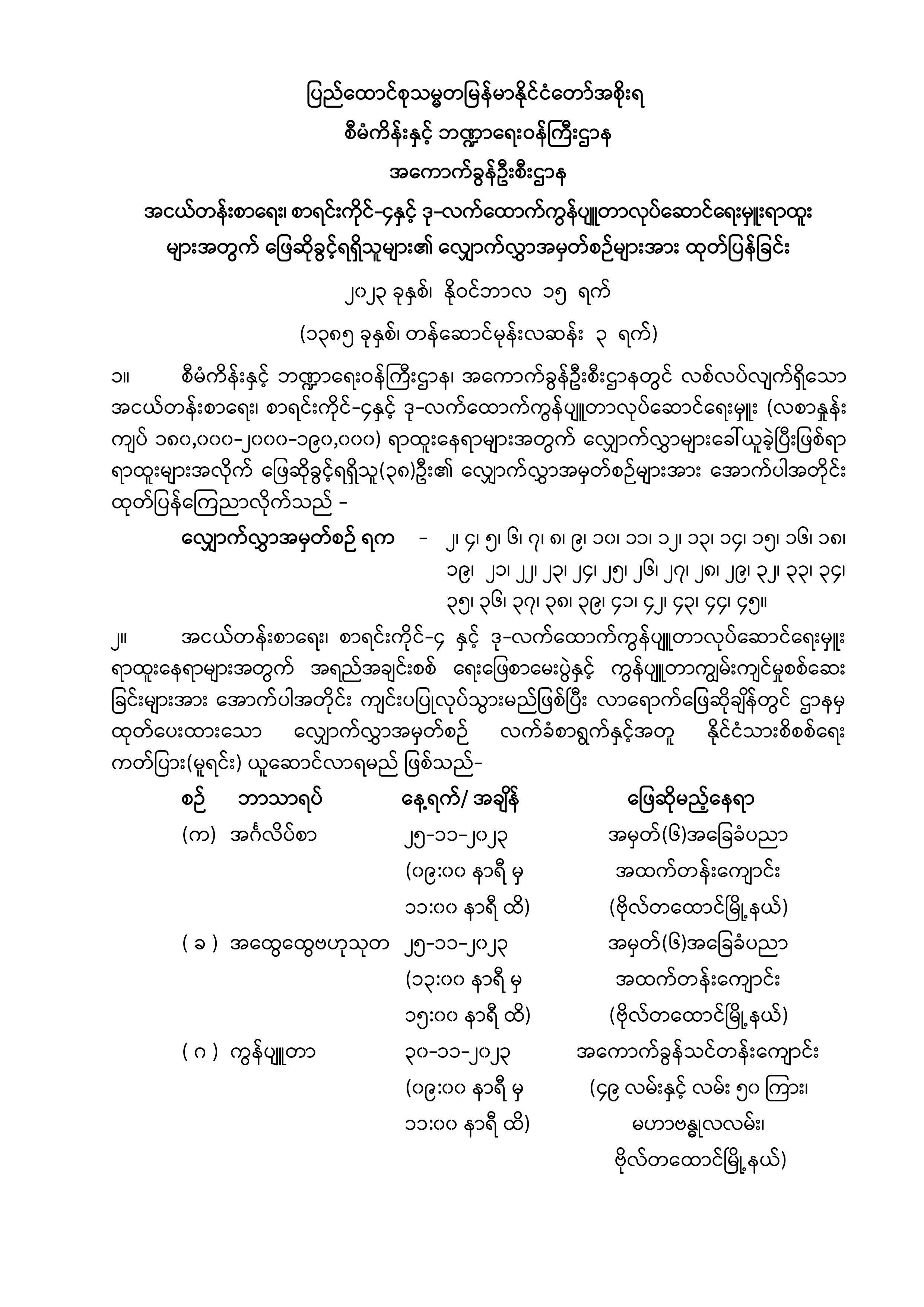 အငယ်တန်းစာရေး၊ စာရင်းကိုင် ၄နှင့် ဒု လက်ထောက်ကွန်ပျူတာလုပ်ဆောင်ရေးမ